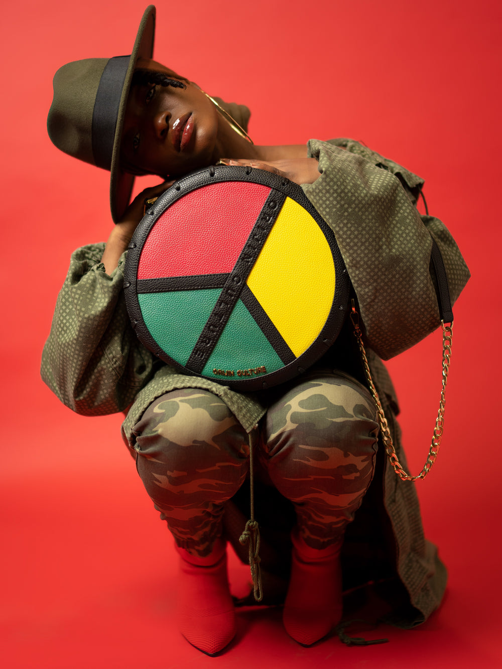 Retro Peace Sign Medallion Round Bag + Stash Necklace (Large)