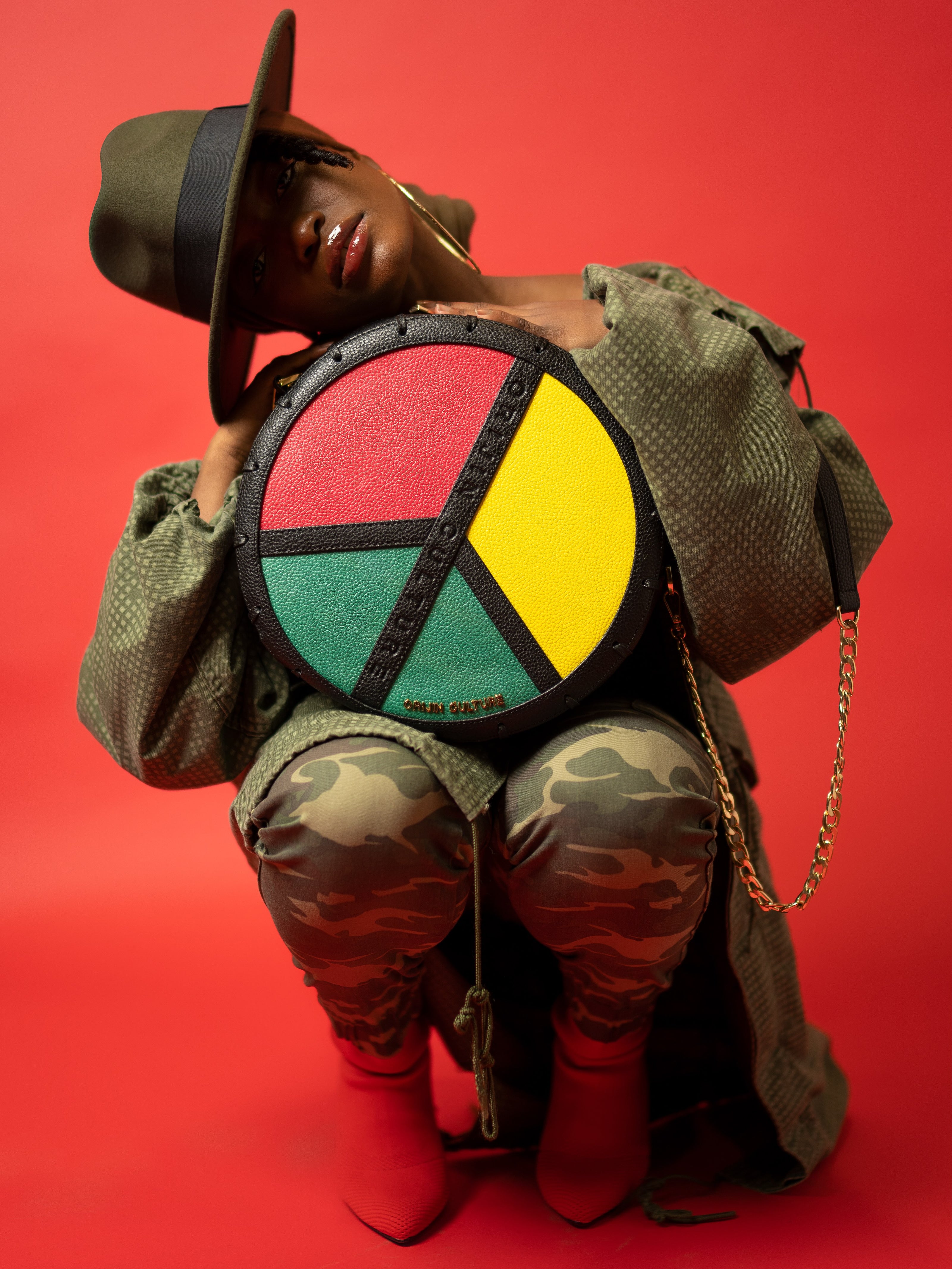 Retro Peace Sign Medallion Round Bag + Stash Necklace (Large)