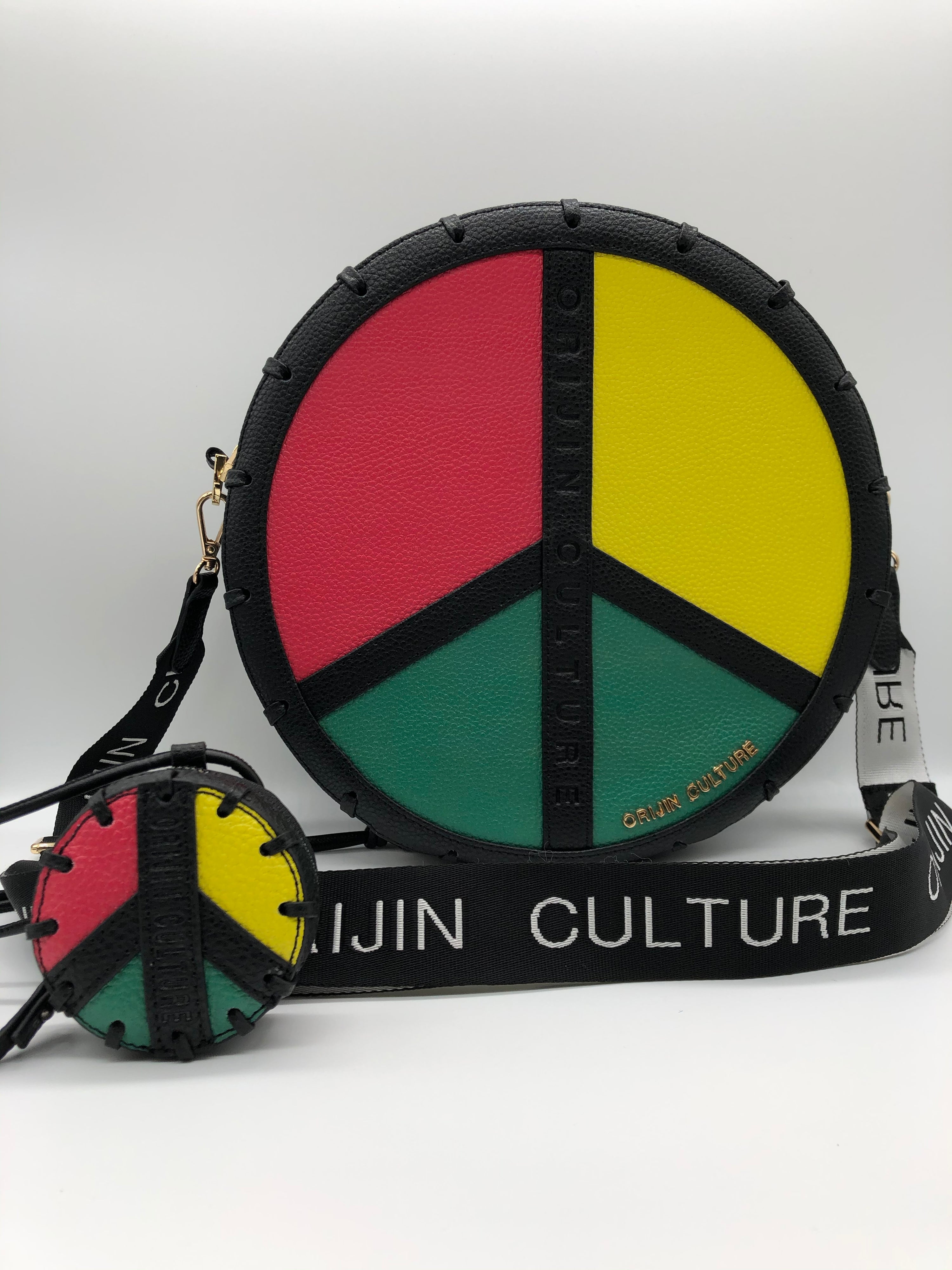 Peace Sign Medallion Messenger Round Bag + Stash Necklace